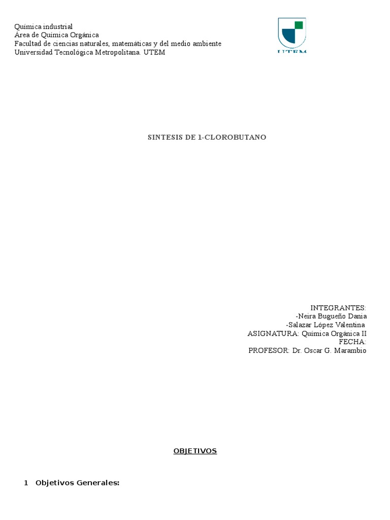 Sintesis 1-Clorobutano | PDF | Reacciones químicas | Catálisis