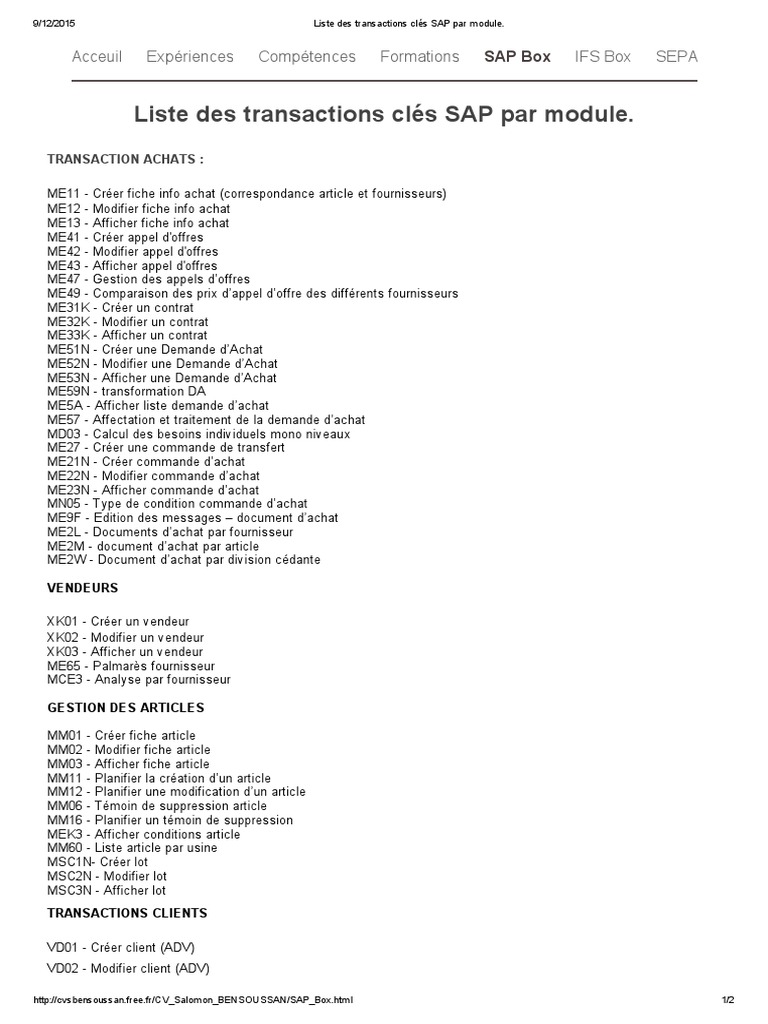 Liste Des Transactions Clés SAP Par Module | PDF | Business | Informatique
