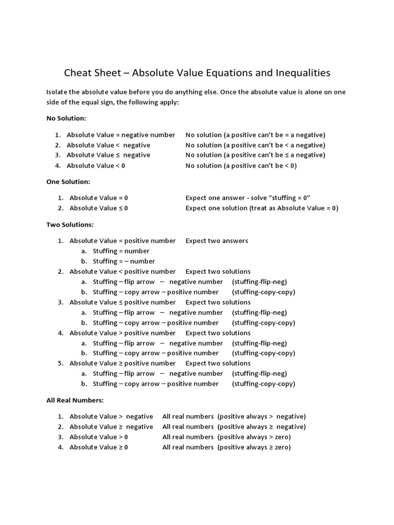 Absolute Value Cheat Sheet by Number of Solutions | PDF