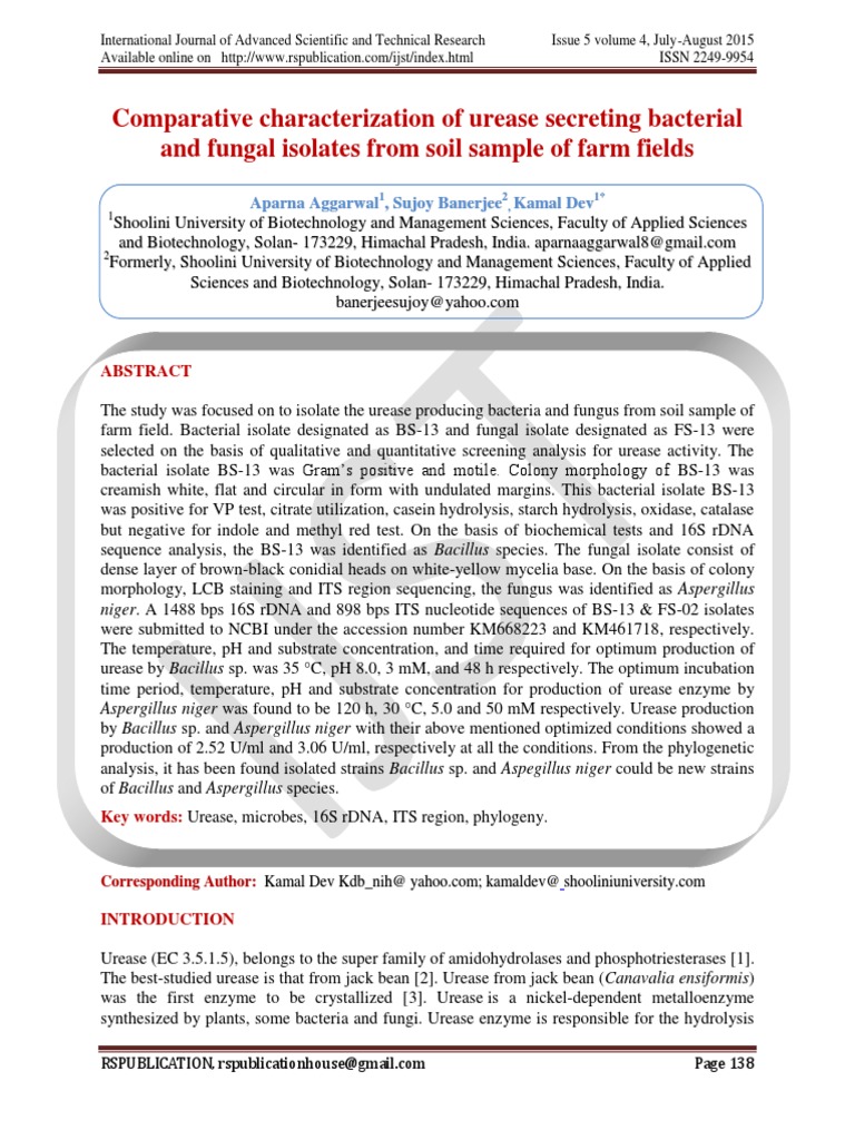 Comparative Characterization of Urease Secreting Bacterial and Fungal ...
