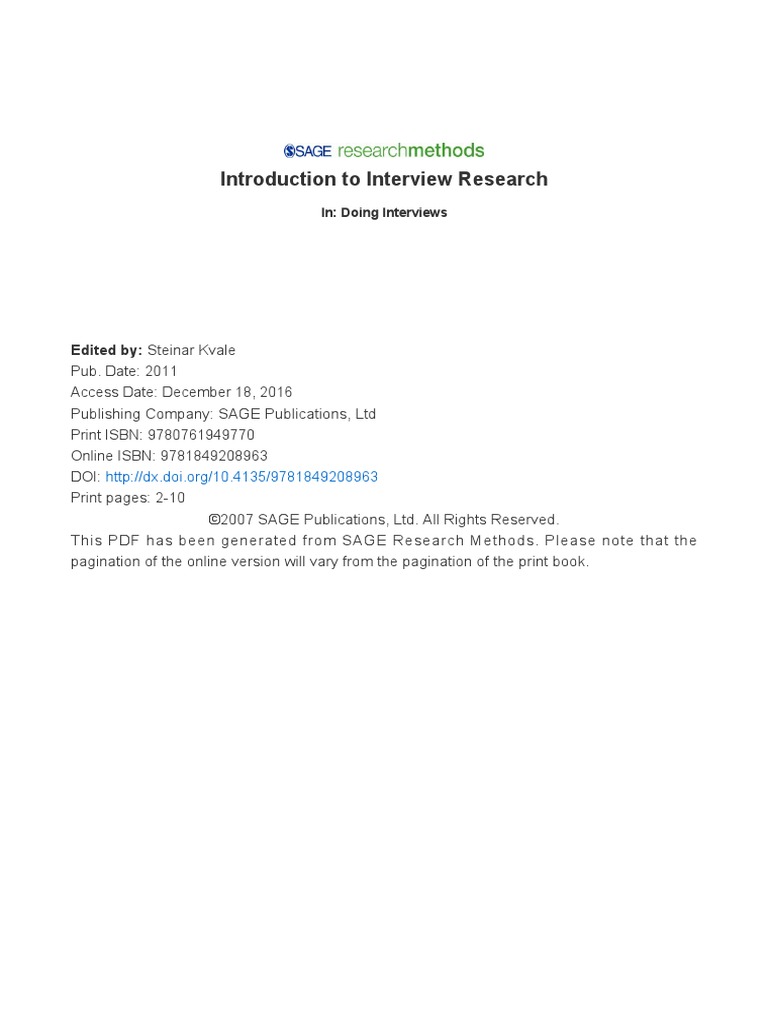 Kvale Doing Interviews Ch.1 Introduction To Interview Research | PDF ...