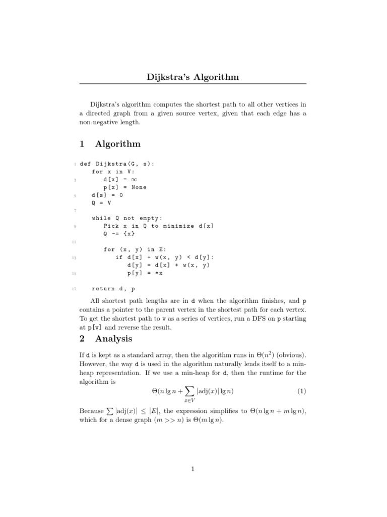 Dijkstra'S Algorithm: Defdijkstra (G, S) : Forxinv: D (X) P (X) None D ...