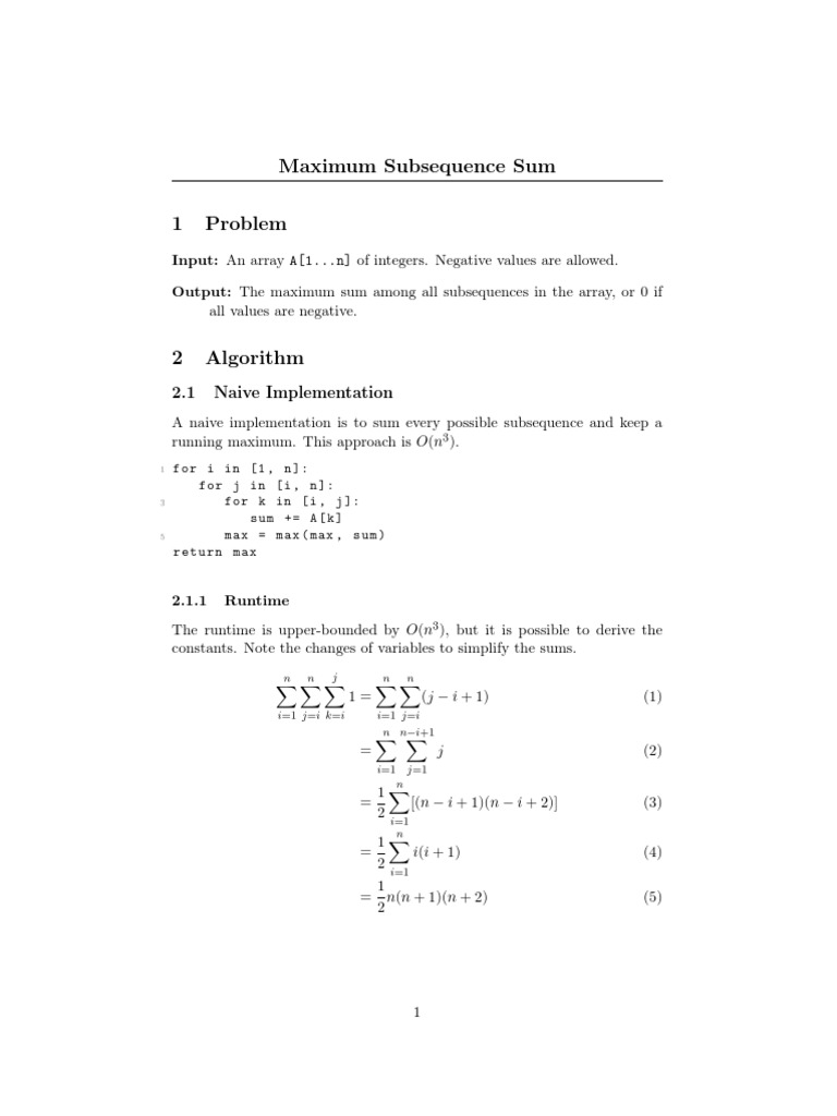 Maximum Subsequence Sum 2 1 Naive Implementation Pdf Teaching Methods And Materials