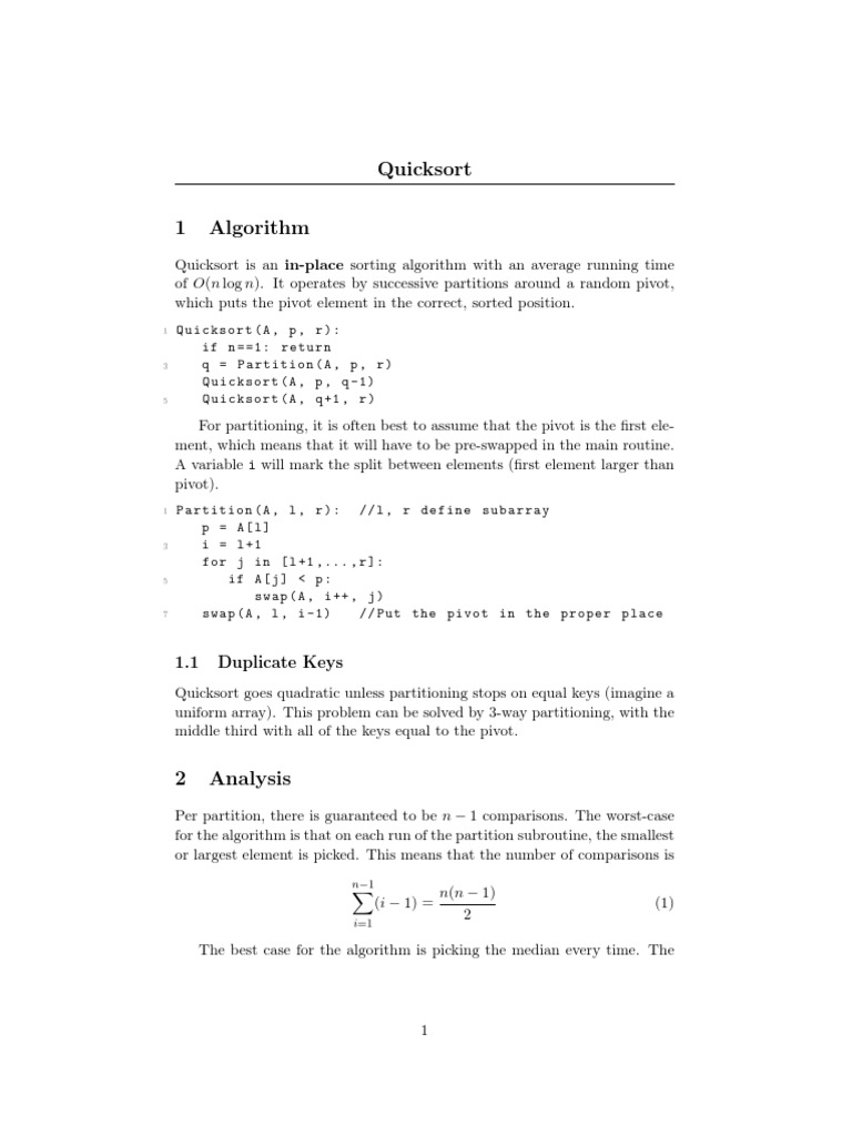 Quicksort: Quicksort (A, P, R) : Ifn 1:return Q Partition (A, P, R) Quicksort (A, P, q-1 ...