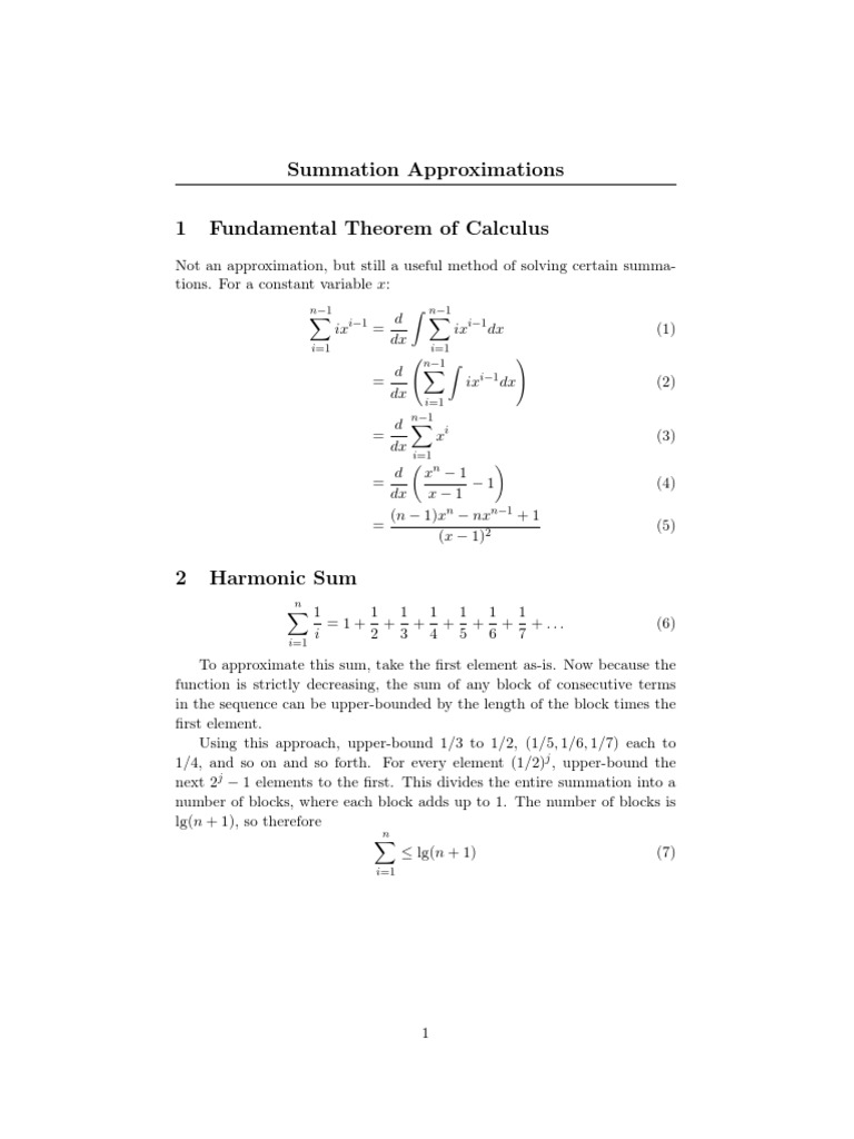 Approximation Methods for Summations: Fundamental Theorem of Calculus, Harmonic Sums, Geometric ...