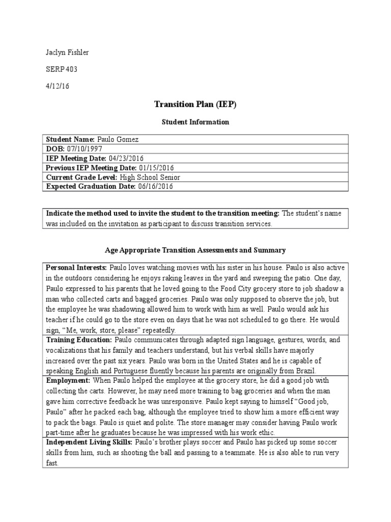 Transition Plan Serp 403 | PDF | Individualized Education Program ...