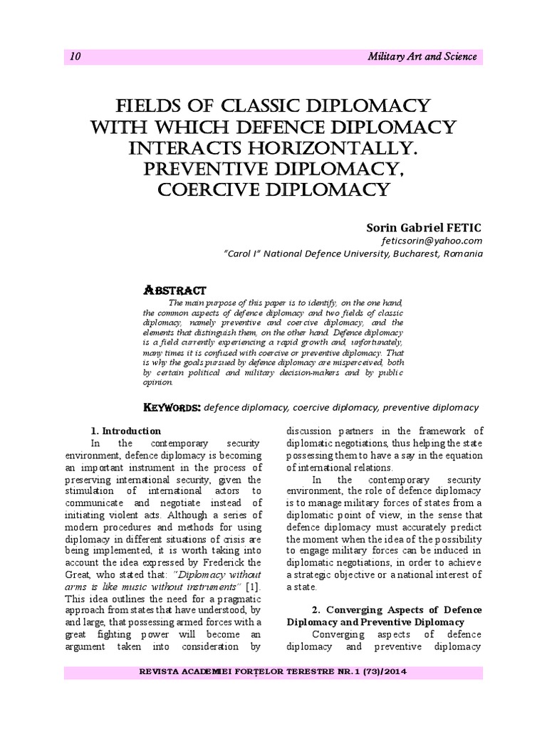 Fields of Classic Diplomacy With Which Defence Diplomacy Interacts Horizontally. Preventive ...