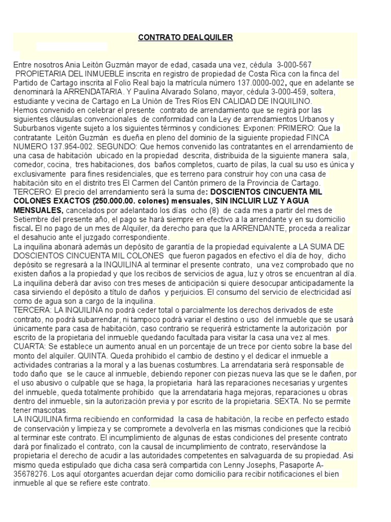 Machote - Contrato de Alquiler Casa de Habitacion 2 | Propiedad ...