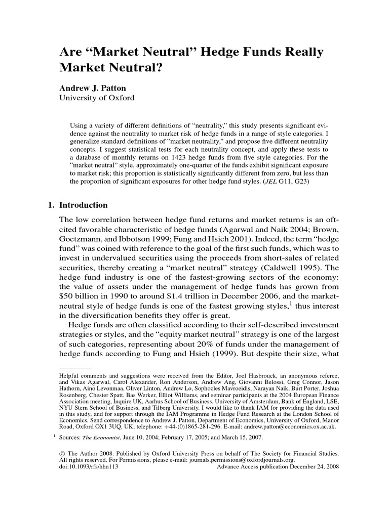 Market Neutral Hedge Funds | PDF | Hedge Fund | Value At Risk