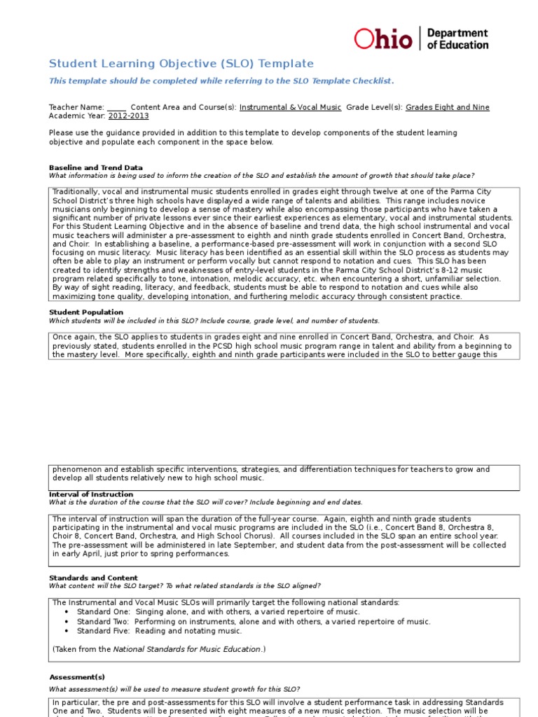 Student Learning Objective (SLO) Template | PDF