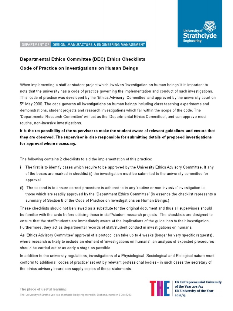 DMEM Ethics Checklist | PDF | Institutional Review Board | Confidentiality