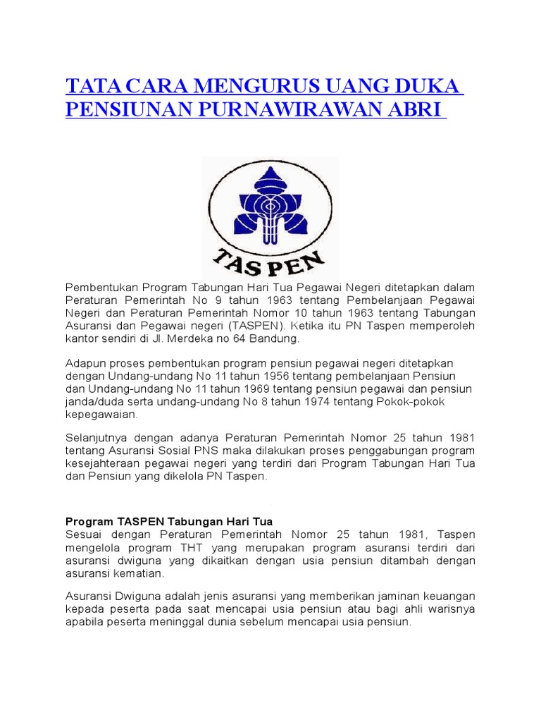 Tata Cara Mengurus Uang Pensiunan PNS Dan Uang Duka | PDF