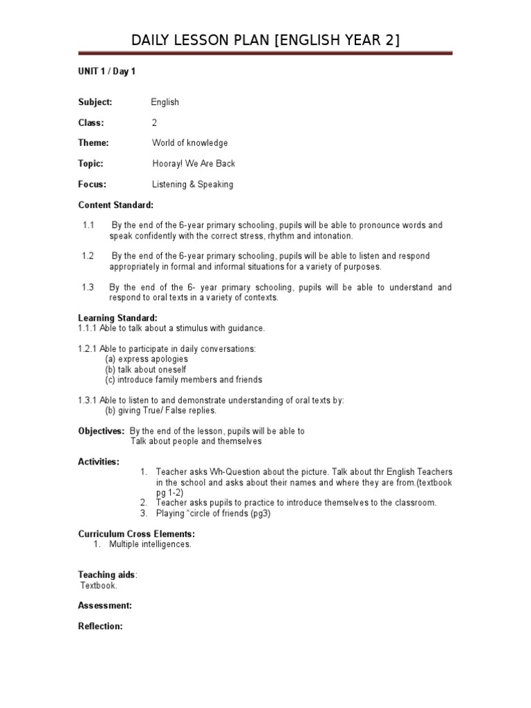BI RPH English KSSR Year 2 SK | PDF | Lesson Plan | Curriculum