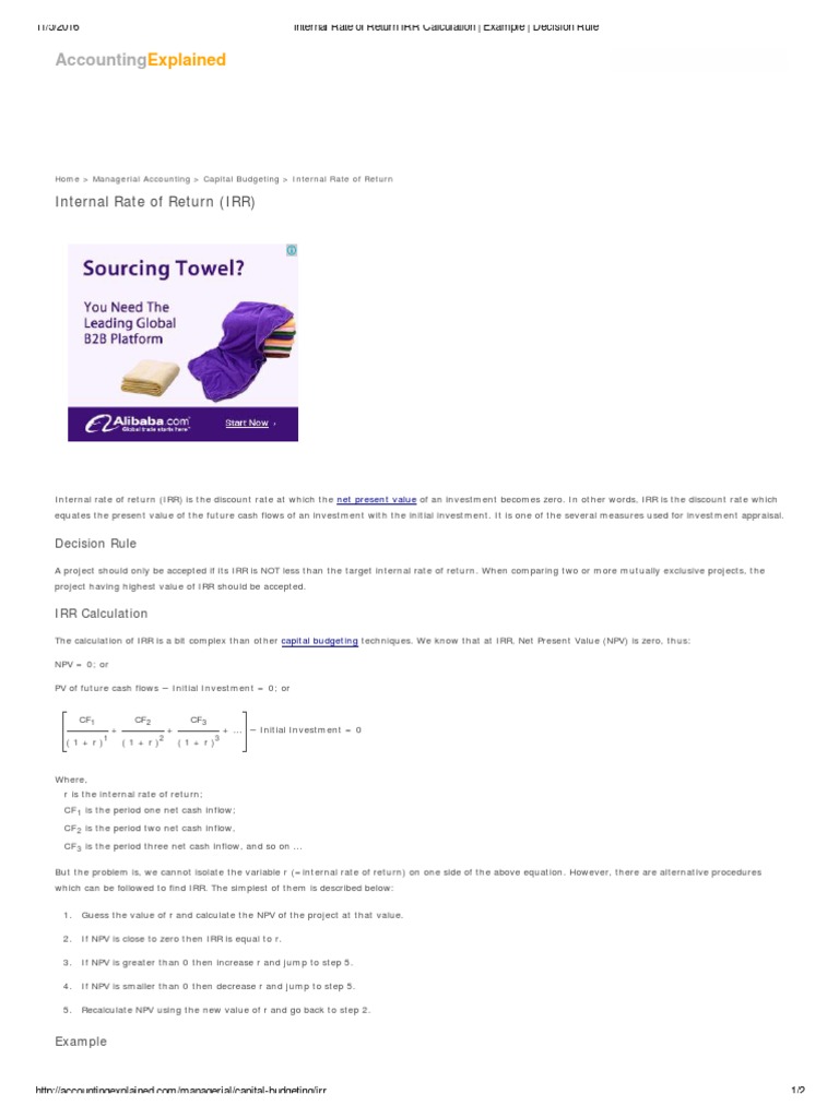 Internal Rate of Return IRR Calculation - Example - Decision Rule | PDF ...