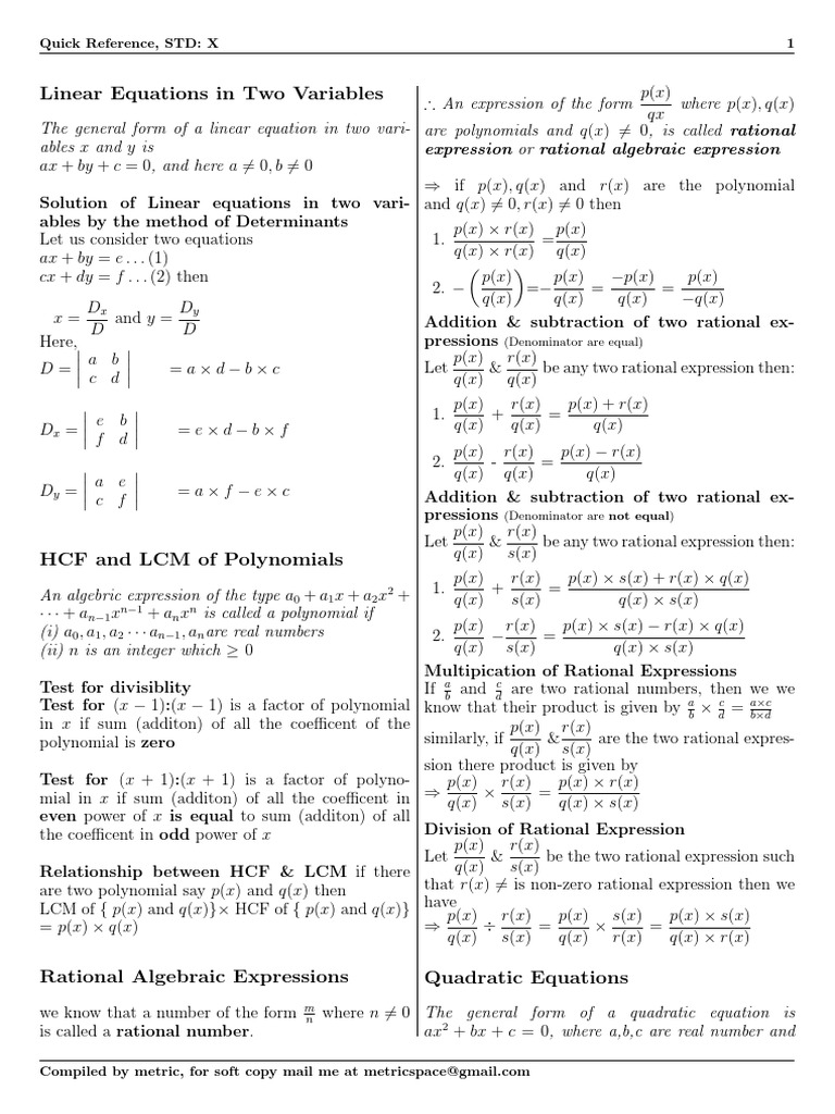 Linear Equations in Two Variables: Quick Reference, STD: X 1 | PDF ...