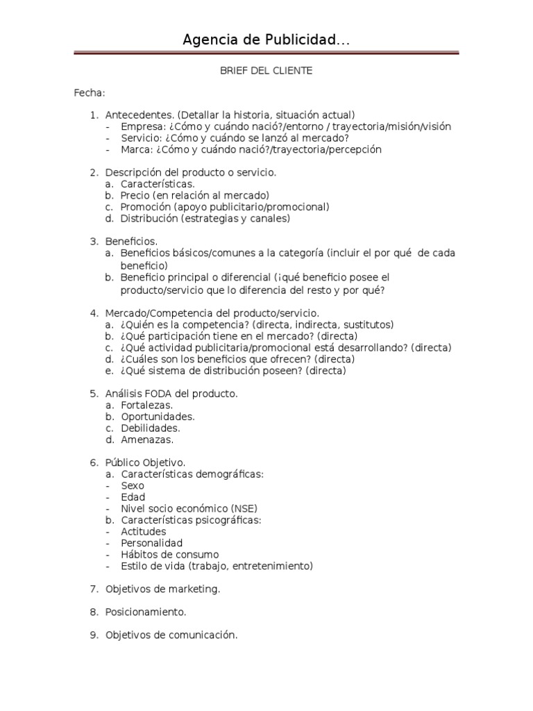 Brief Del Cliente | Publicidad | Producto (Negocio)