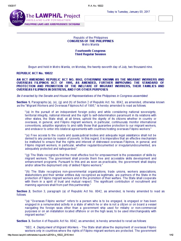 Ra 10022 An Act Amending Republic Act No. 8042, Otherwise Known As The ...