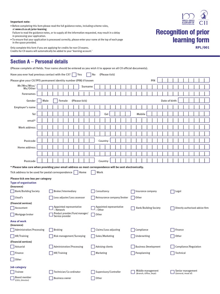 Recognition of Prior Learning Form: Section A - Personal Details | PDF ...