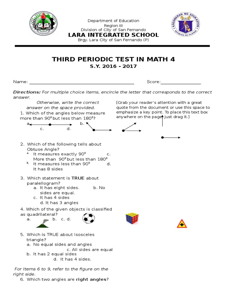Third Periodic Test in Math 4: Lara Integrated School | PDF | Angle ...