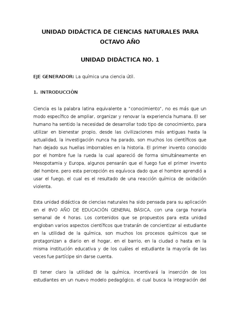 Unidad Didáctica Química 8vo Año | PDF | Science | Química