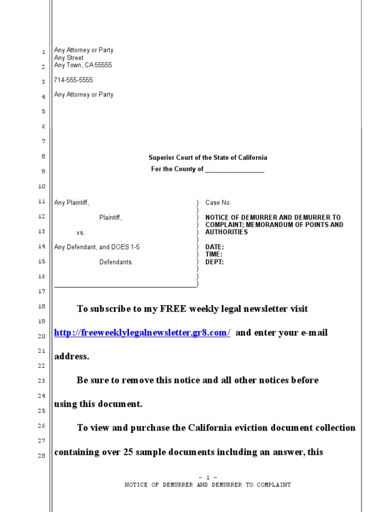 Sample Demurrer To Unlawful Detainer Eviction Complaint For California ...