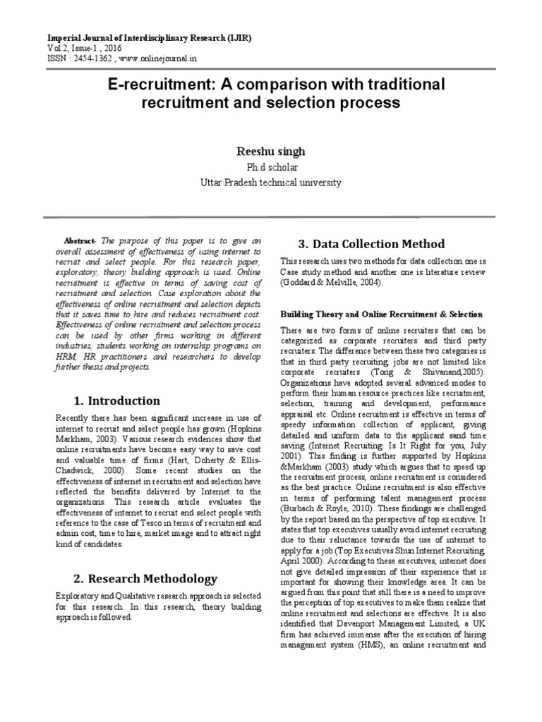 E-Recruitment: A Comparison With Traditional Recruitment and Selection ...