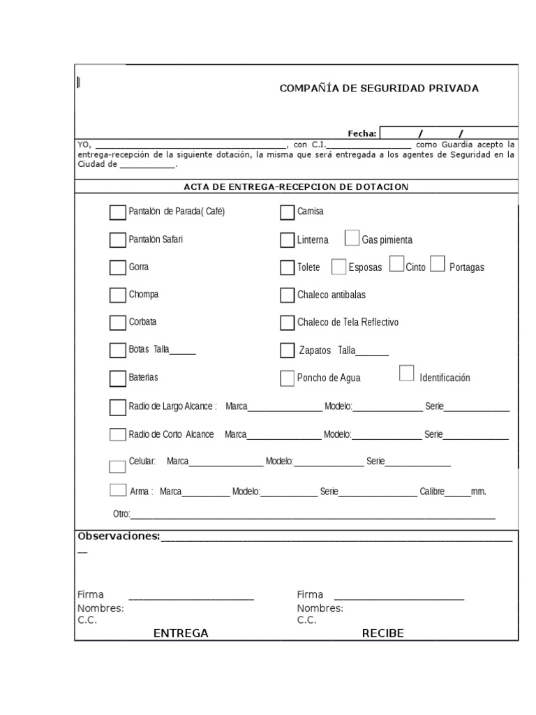 Acta De Entrega De Uniformes Al Personal Pdf