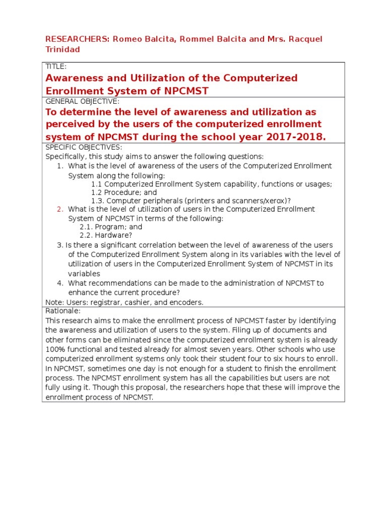 Awareness and Utilization of The Computerized Enrollment System of NPCMST | PDF