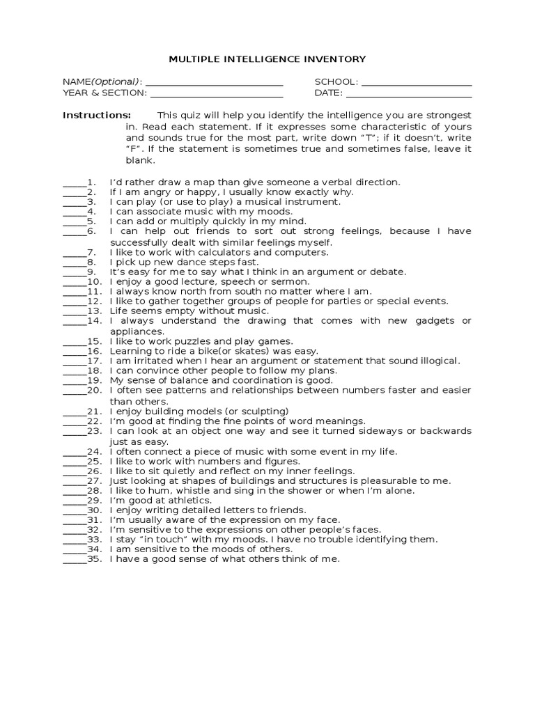 Multiple Intelligence Inventory | PDF | Learning Styles | Learning