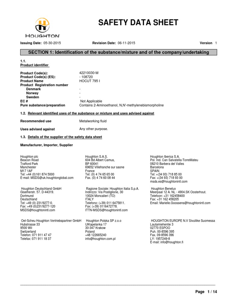 Hocut 795 I_clp Sds-En | Dangerous Goods | Personal Protective Equipment