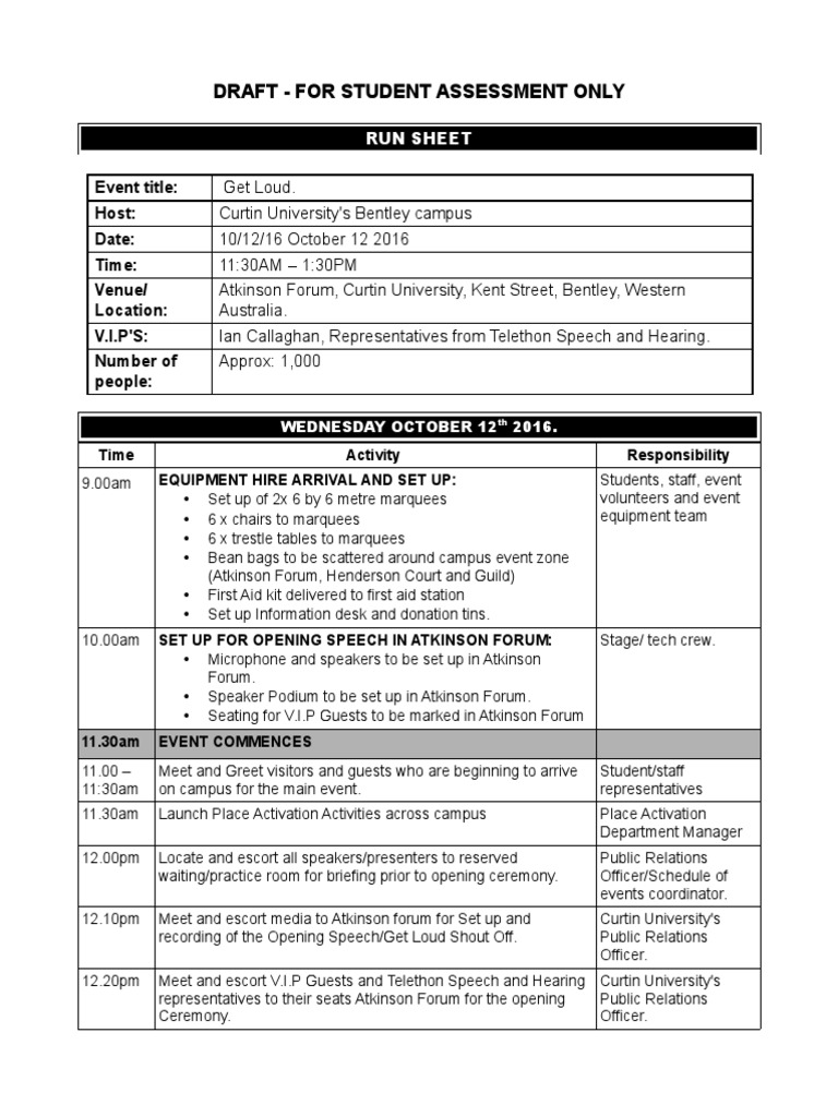 Event Run Sheet Sample For Student Assessment Only Draft | PDF