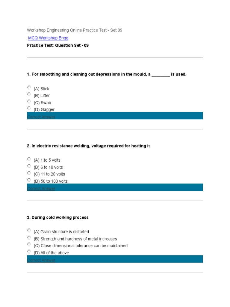 Practice Test: Question Set - 09: MCQ Workshop Engg | PDF | Welding ...