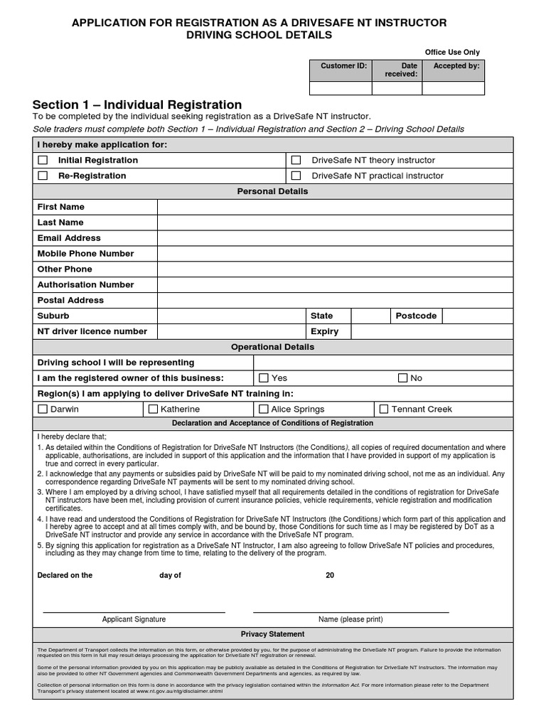 DriveSafe NT Instructor Registration Form | PDF | Driver's License ...