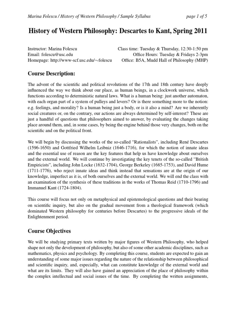 History of Western Philosophy Syllabus | PDF | René Descartes | David Hume
