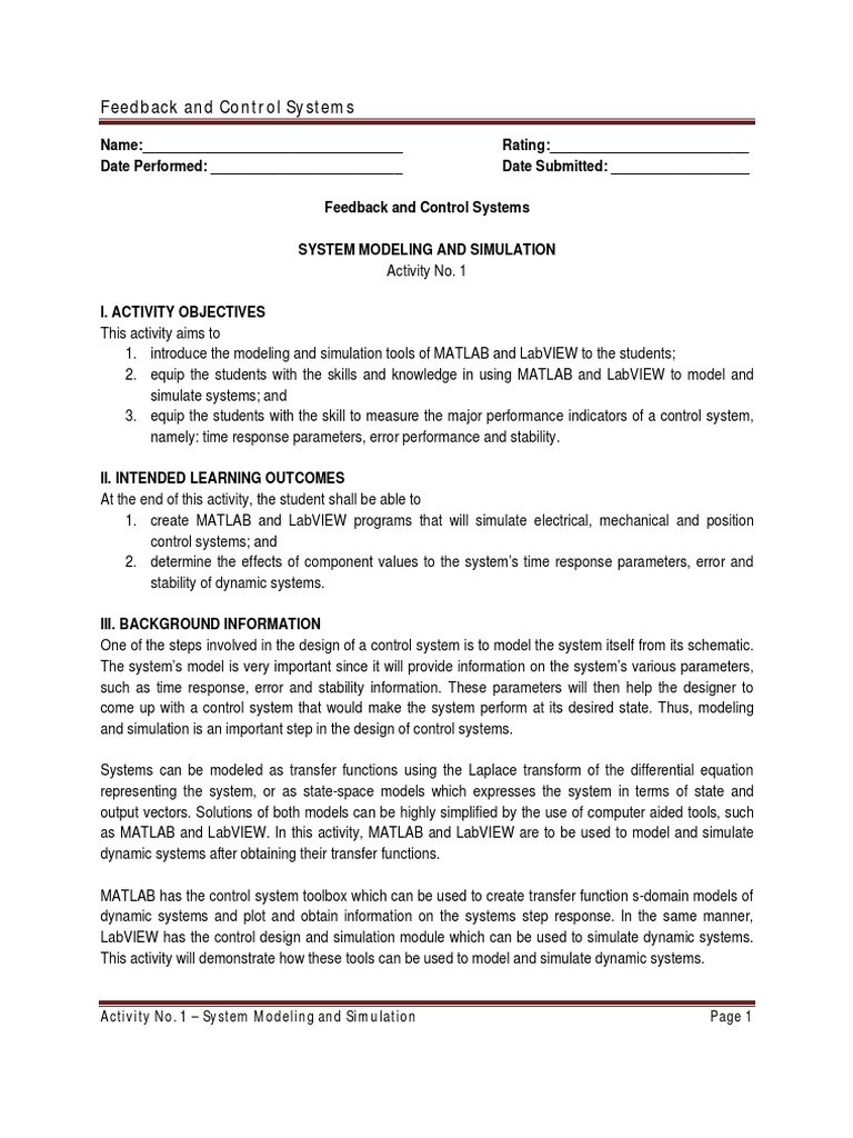 Feedback and Control Systems: Activity No. 1 - System Modeling and ...