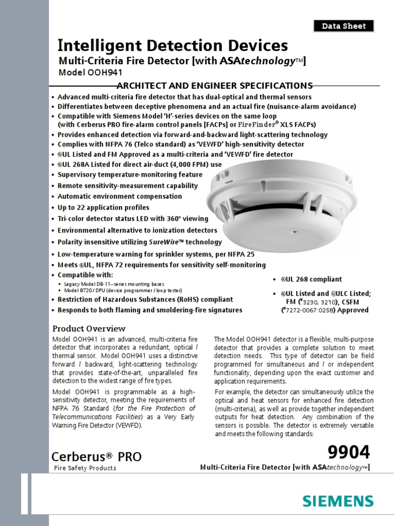 4) OOH941 - High Sesitive ASA Smoke & Heat | PDF | Smoke | Sensor