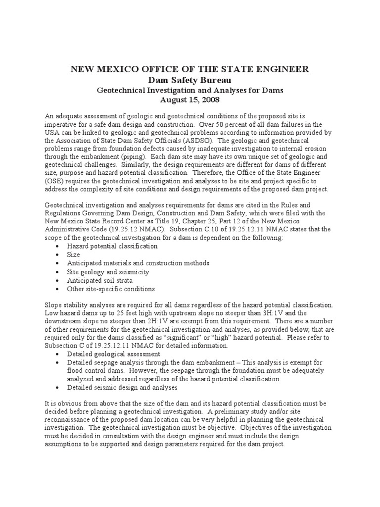 New Mexico Office of The State Engineer Dam Safety Bureau | PDF ...