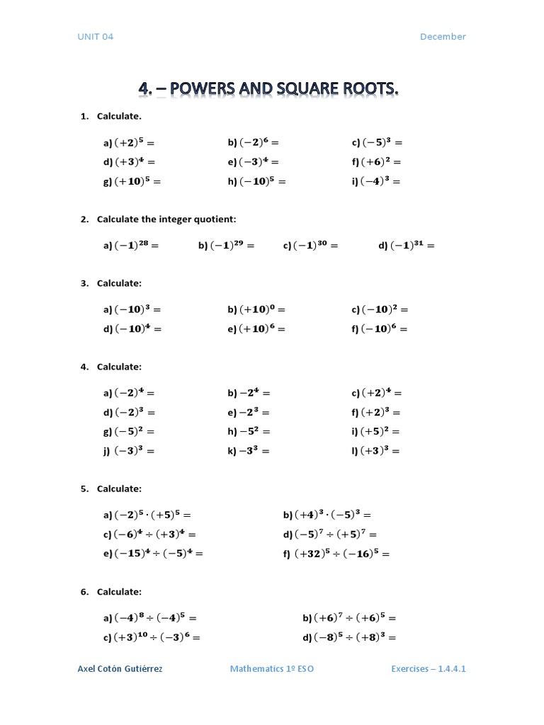 Power And Roots Worksheets