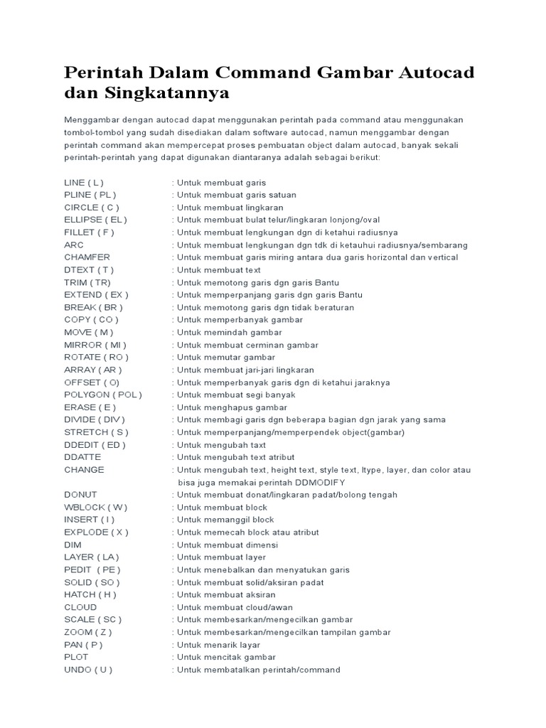 Perintah Dalam Command Gambar Autocad Dan Singkatannya | PDF