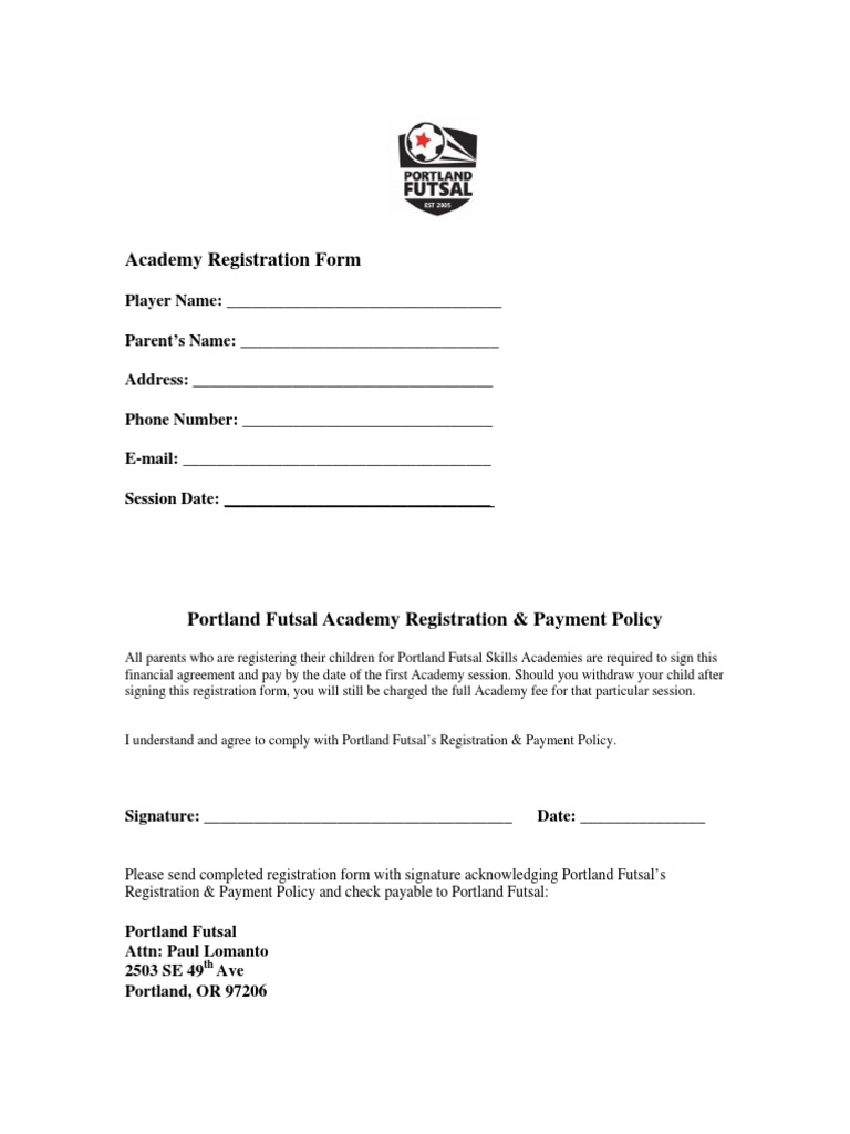 Portland Futsal Academy Registration Form | PDF