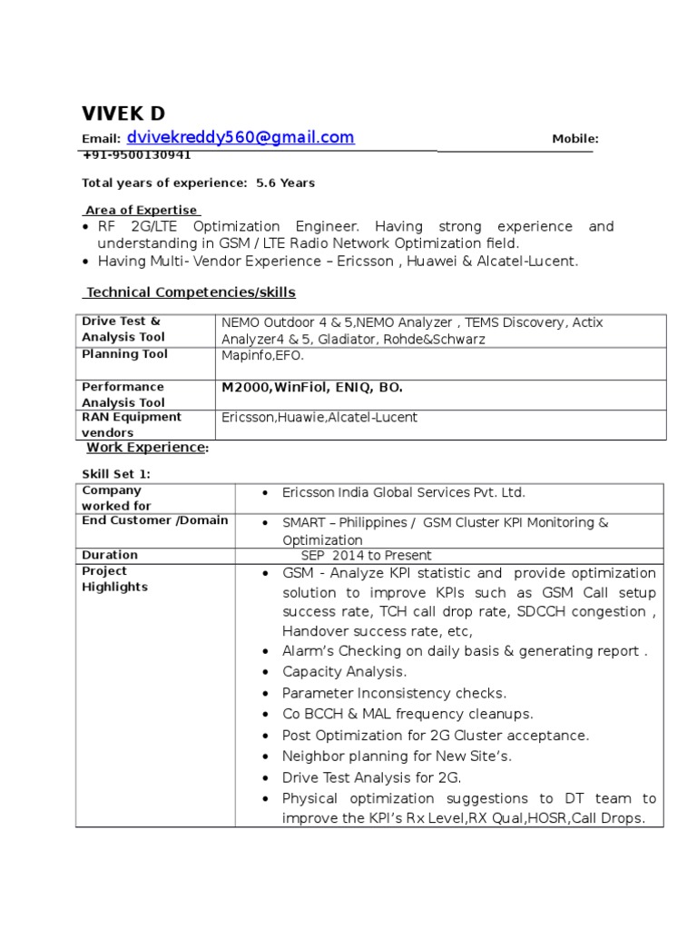 Vivek D - CV | PDF | Lte (Telecommunication) | Radio Technology