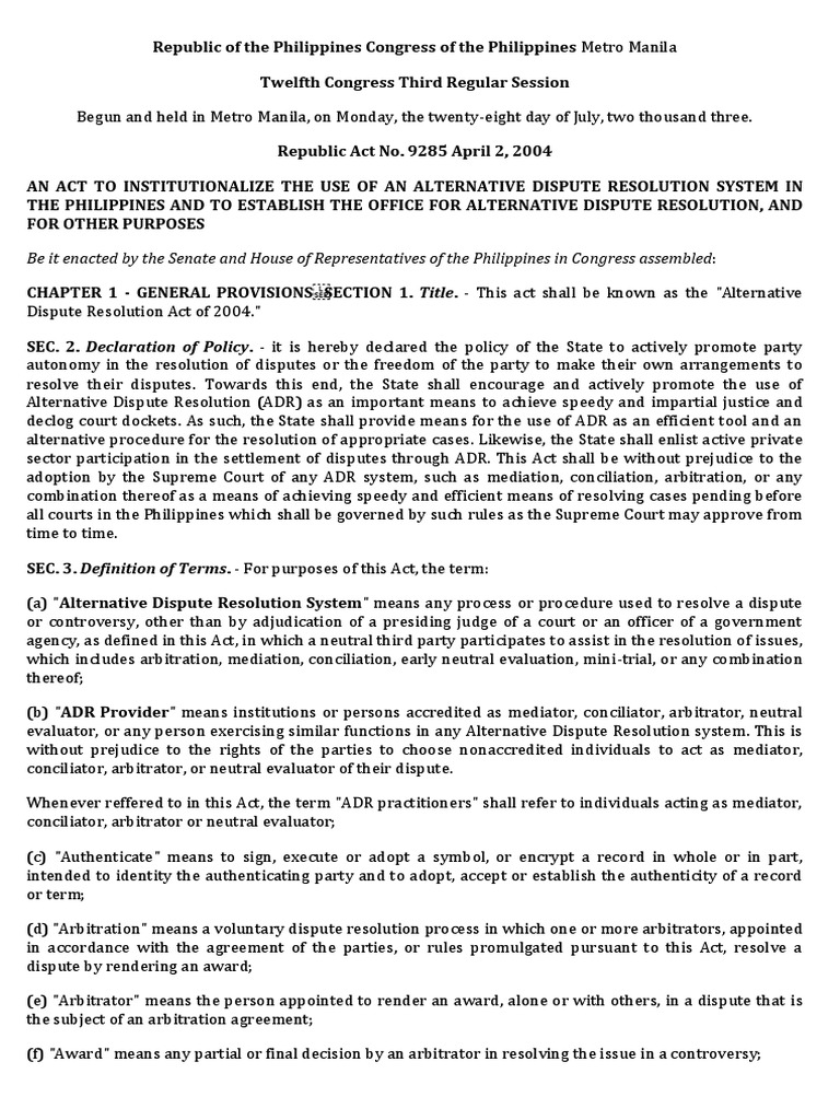 Ra 9285 | PDF | Alternative Dispute Resolution | Arbitral Tribunal