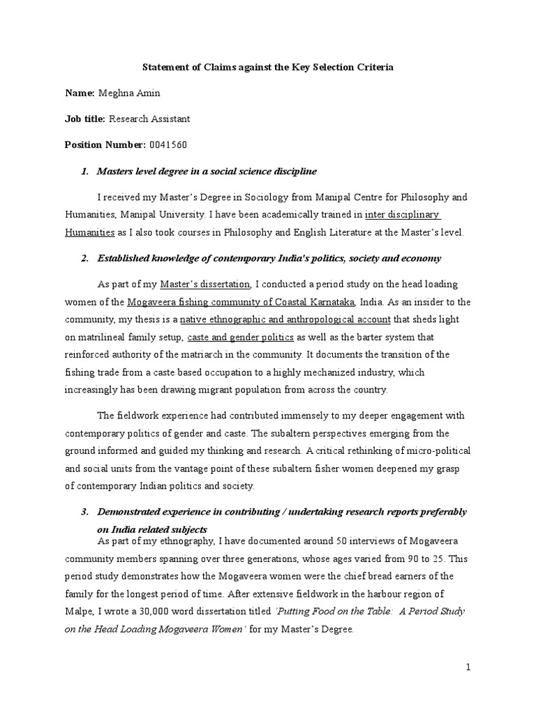 Research Assistant's Claims against Key Selection Criteria | PDF ...