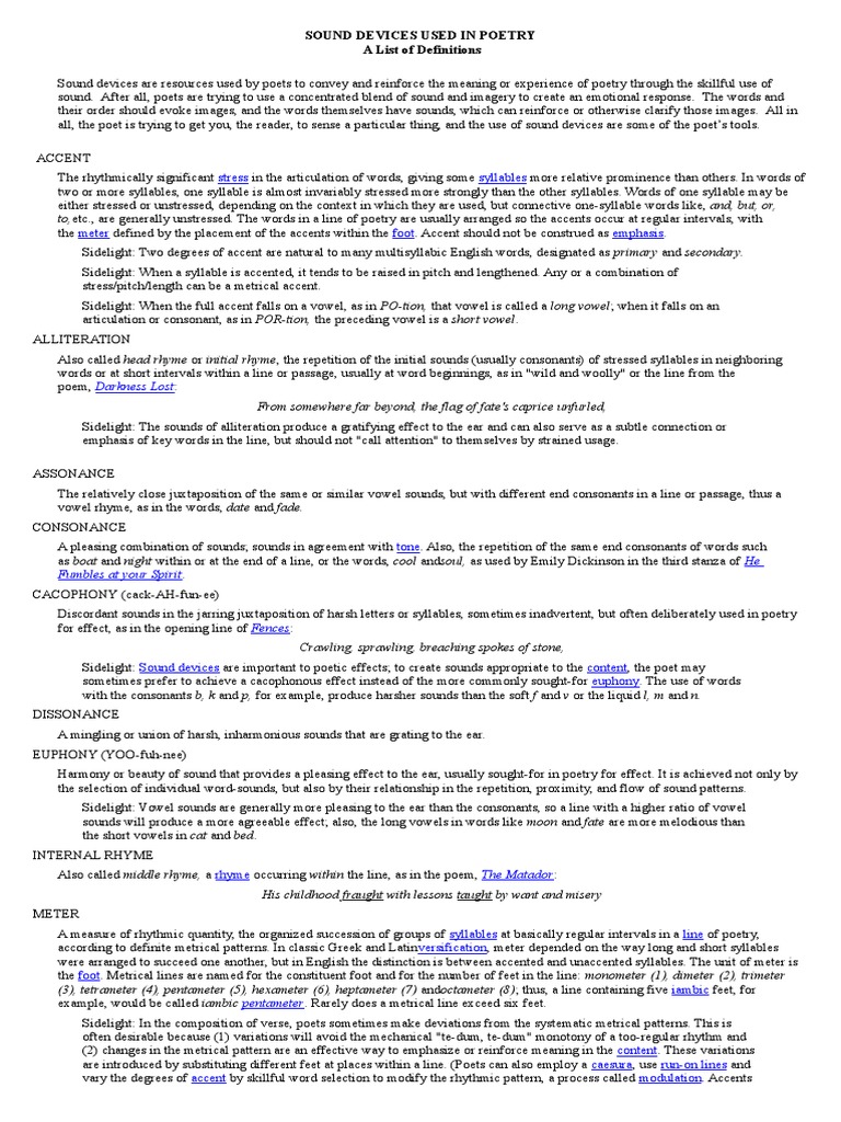 Sound Devices in Poetry Explained | PDF | Metre (Poetry) | Poetry
