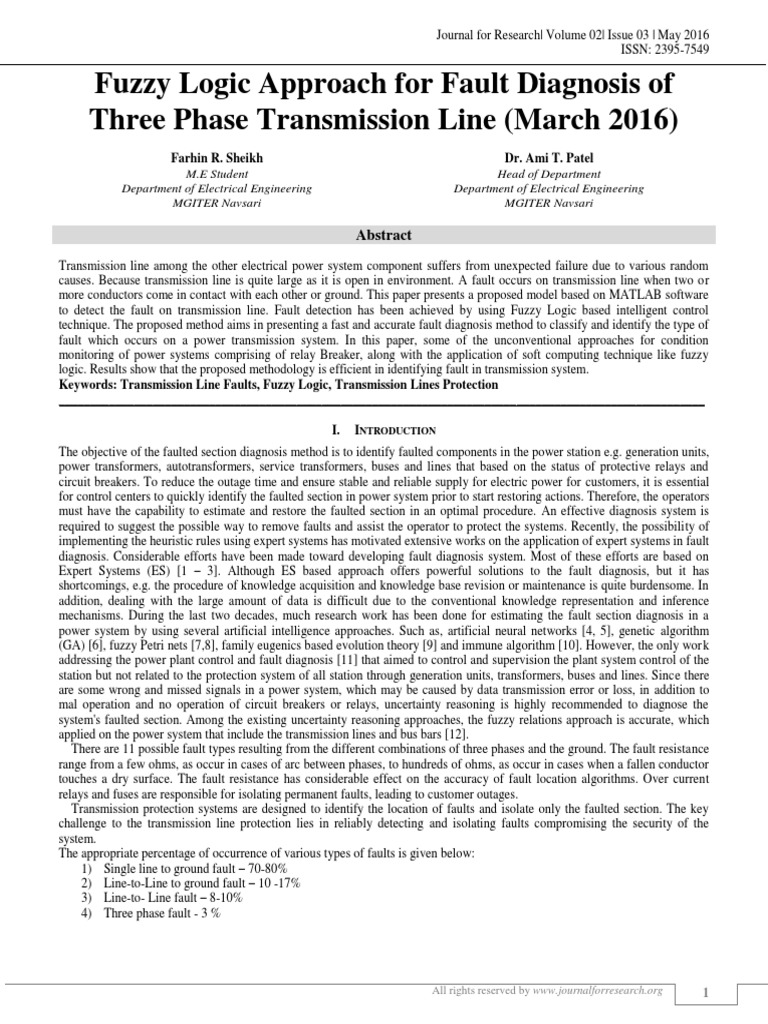 Fuzzy Logic Approach For Fault Diagnosis Of Three Phase Transmission Line Pdf Electric Power