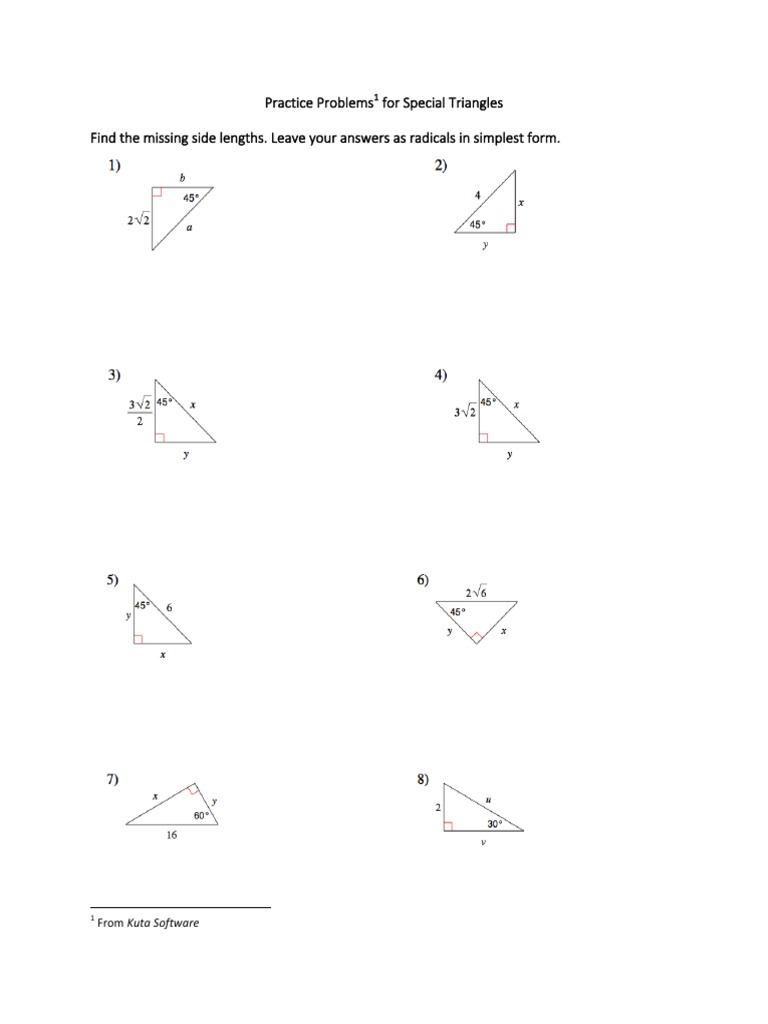 Practice Problems For Special Triangles Find The Missing Side Lengths ...