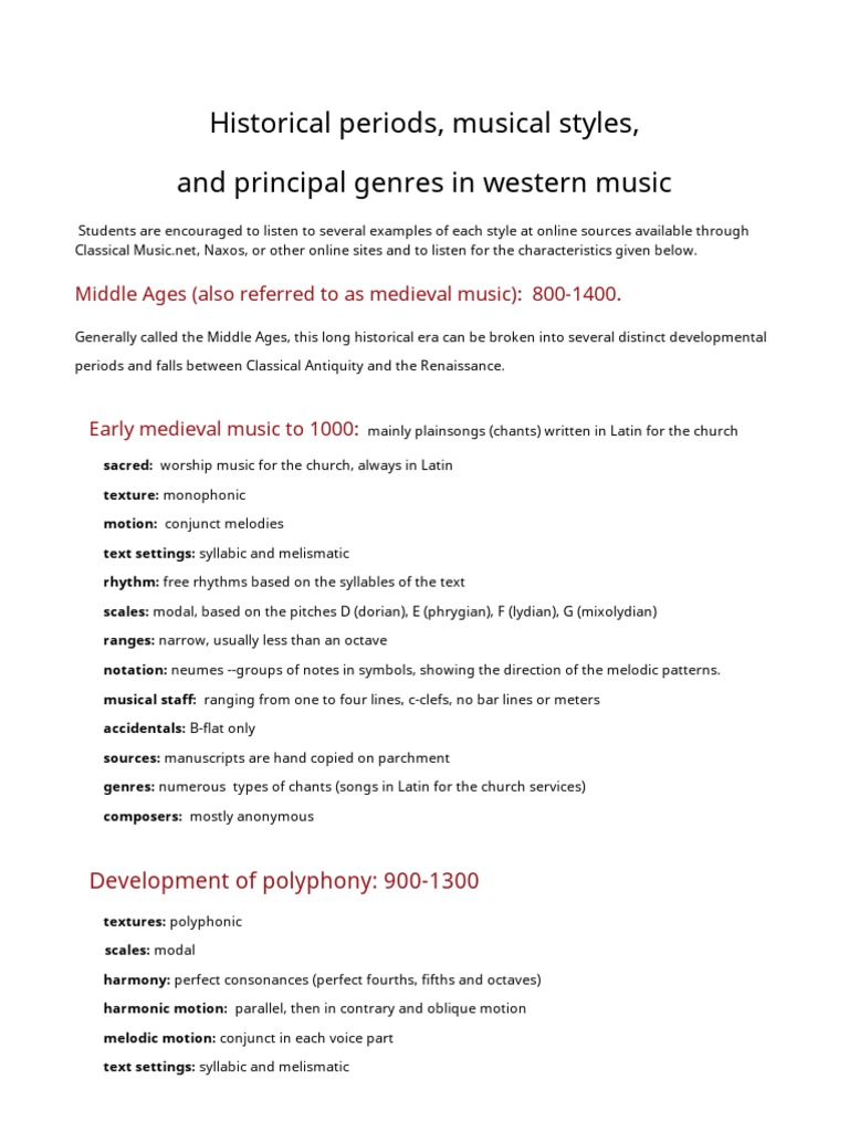 Historical Periods, Musical Styles, and Principal Genres in Western ...