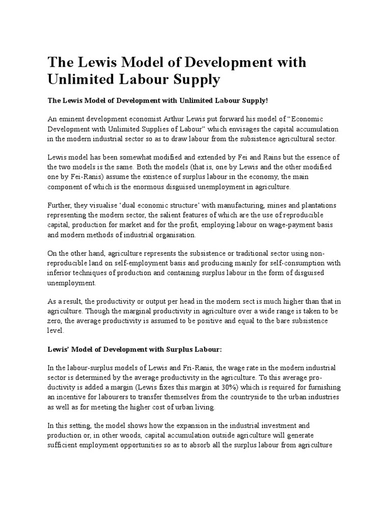The Lewis Model of Development With Unlimited Labour Supply | Labour ...