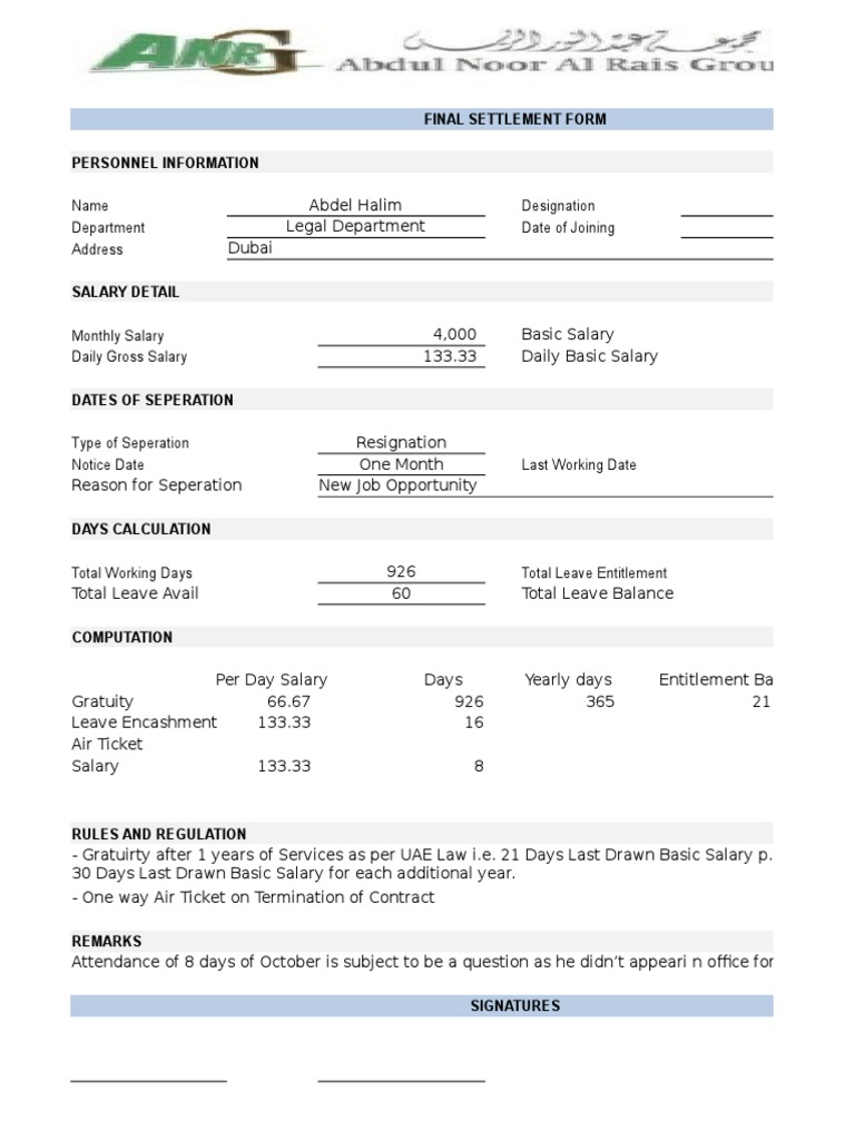 Name Designation Department Date of Joining Address: Final Settlement ...