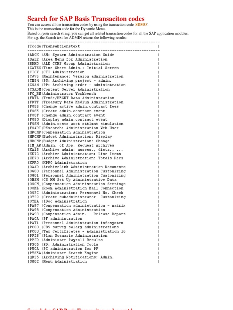 Search For SAP Basis Transaciton Codes | PDF